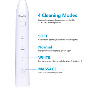 Kratax Sonic Electric Toothbrush for Adults, USB Rechargeable Toothbrush with 2 Replacement Heads, 4 Modes with 2 Minutes Smart Timer, IPX7 Waterproof -Modern Electric Toothbrush (White)
