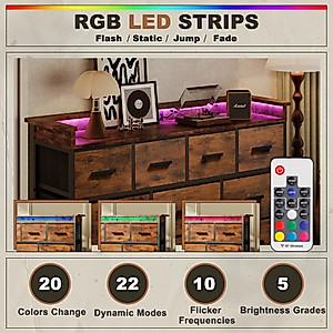 NASHZEN Dresser TV Stand with 10 Drawers, Dresser TV Stand with LED Lights & Power Outlets, Bedroom Makeup Dresser, Chest of Drawers up to 50'' Long TV, Wide Fabric Dresser with Shelf, Rustic Brown