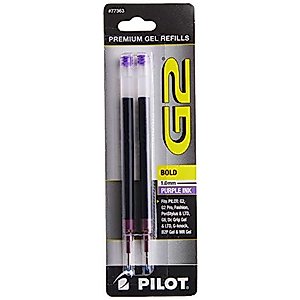 PILOT G2 Gel Ink Refills For Rolling Ball Pens, Bold Point, Purple Ink, 2-Pack (77363)