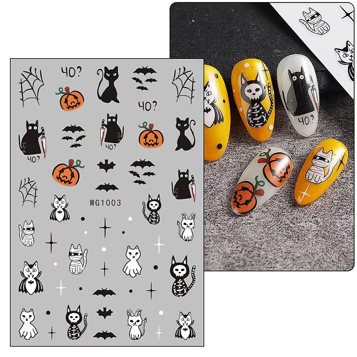 JMEOWIO 8 Sheets Cute Halloween Nail Art Stickers Decals Self-Adhesive Pegatinas Uñas Horror Skull Pumpkin Ghost Witchy Spider Web Bat Spook Nail Supplies Nail Art Design Decoration Accessories