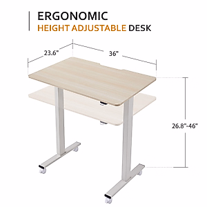 Okin Small Rolling Standing Desk, 36" x 24" One Piece Top Height Adjustable Desk, Electric Stand Up Desk with 4 Caster Wheels, Mobile Sit to Stand Workstation, Light Oak Table Top, White Frame