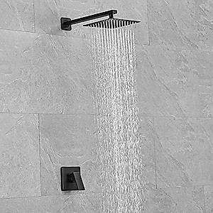 Heable Matte Black Shower Faucet Set, Single Function Shower Trim Kit with Rough-in Valve, Square Rain Shower Head System Included Extra Long Shower Arm for Bathroom