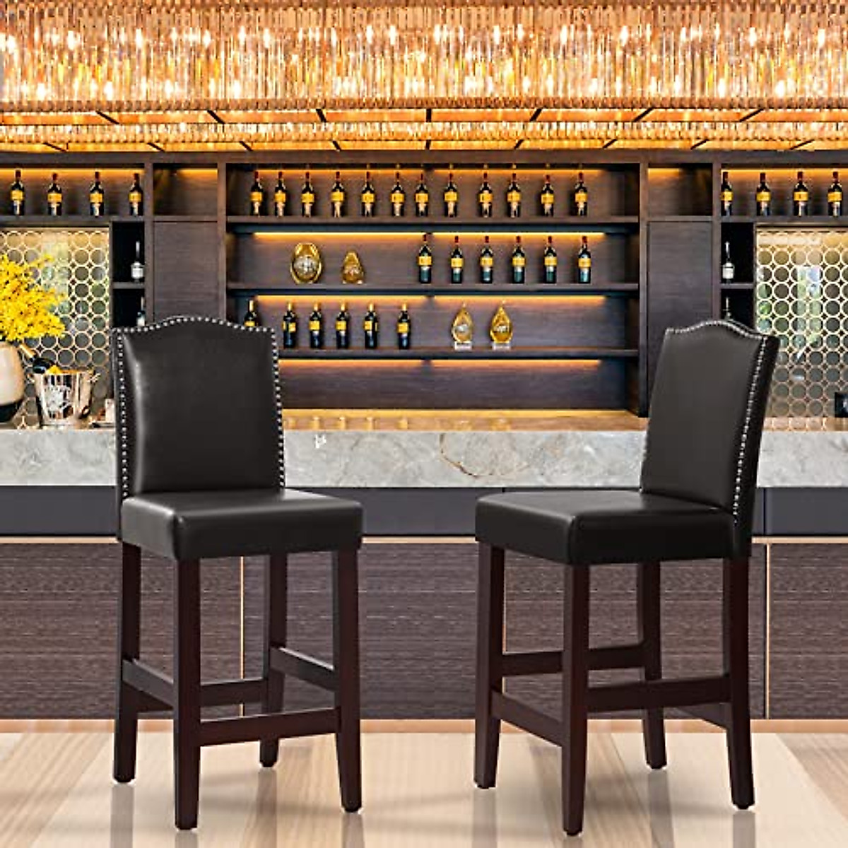 Yaheetech Bar Stools Kitchen Counter Height Stools 25 Inch High Back Leather Pub Chairs Wood Wooden Barstools Brown, 2PCS (Package 1)