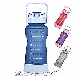 BOTTLE BOTTLE 64 OZ Gallon Motivational Water Bottle with Time Marker and Straw Protective Silicone Boot Workout Leak-proof Bottle for Adults and Kids Half Gallon Water Jug (blue)