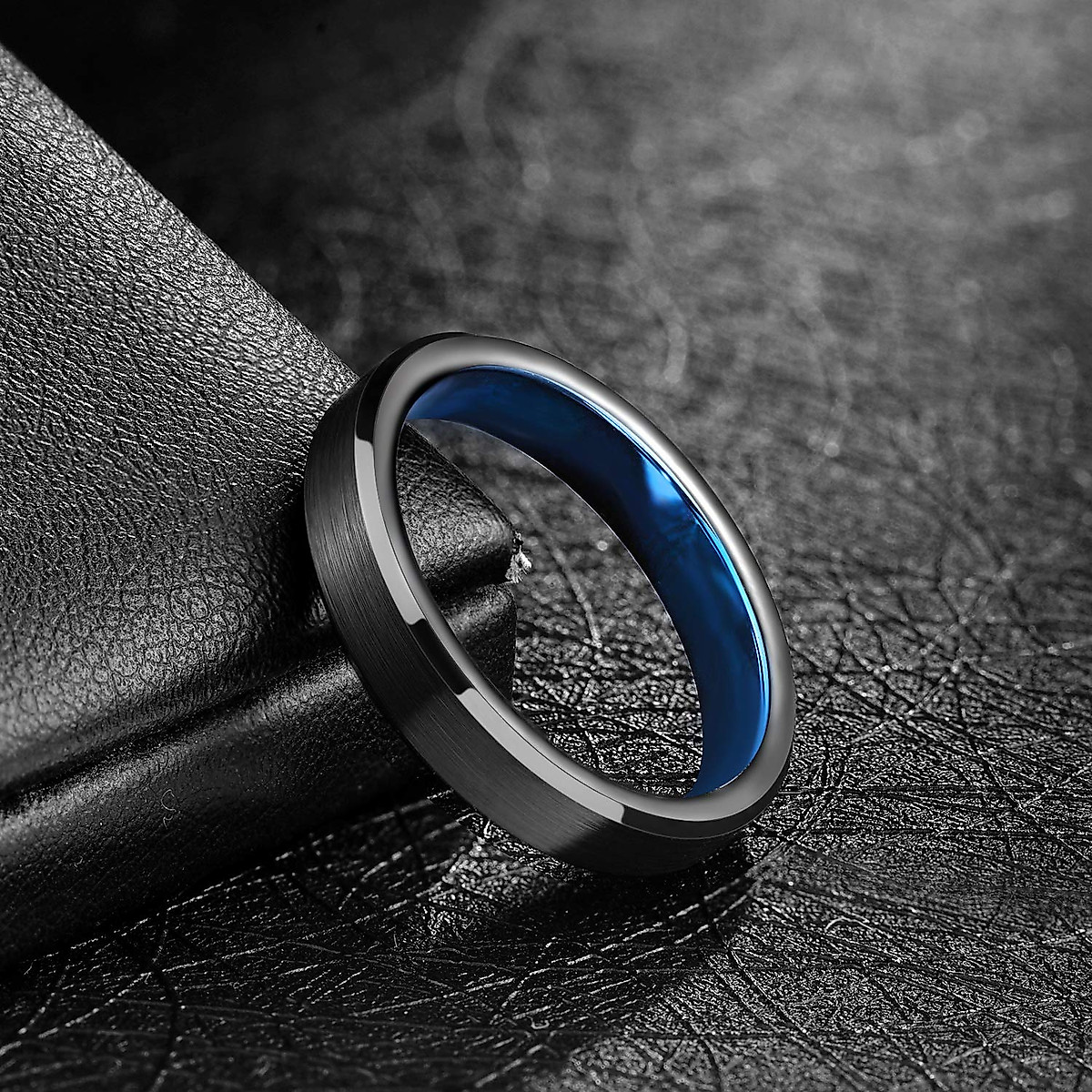 4mm Tungsten Ring for Women Men Black and Blue Thin Two Tone Beveled Edge Comfort Fit Size 5