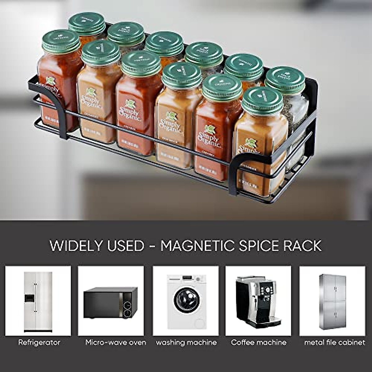 Taozun Magnetic Shelf/Magnetic Spice Rack for Refrigerator - 2 Packs Spice Storage Organizer with 4 Removable Hooks Seasoning Rack for Fridge Kitchen Apartment RV (Black, Steel)