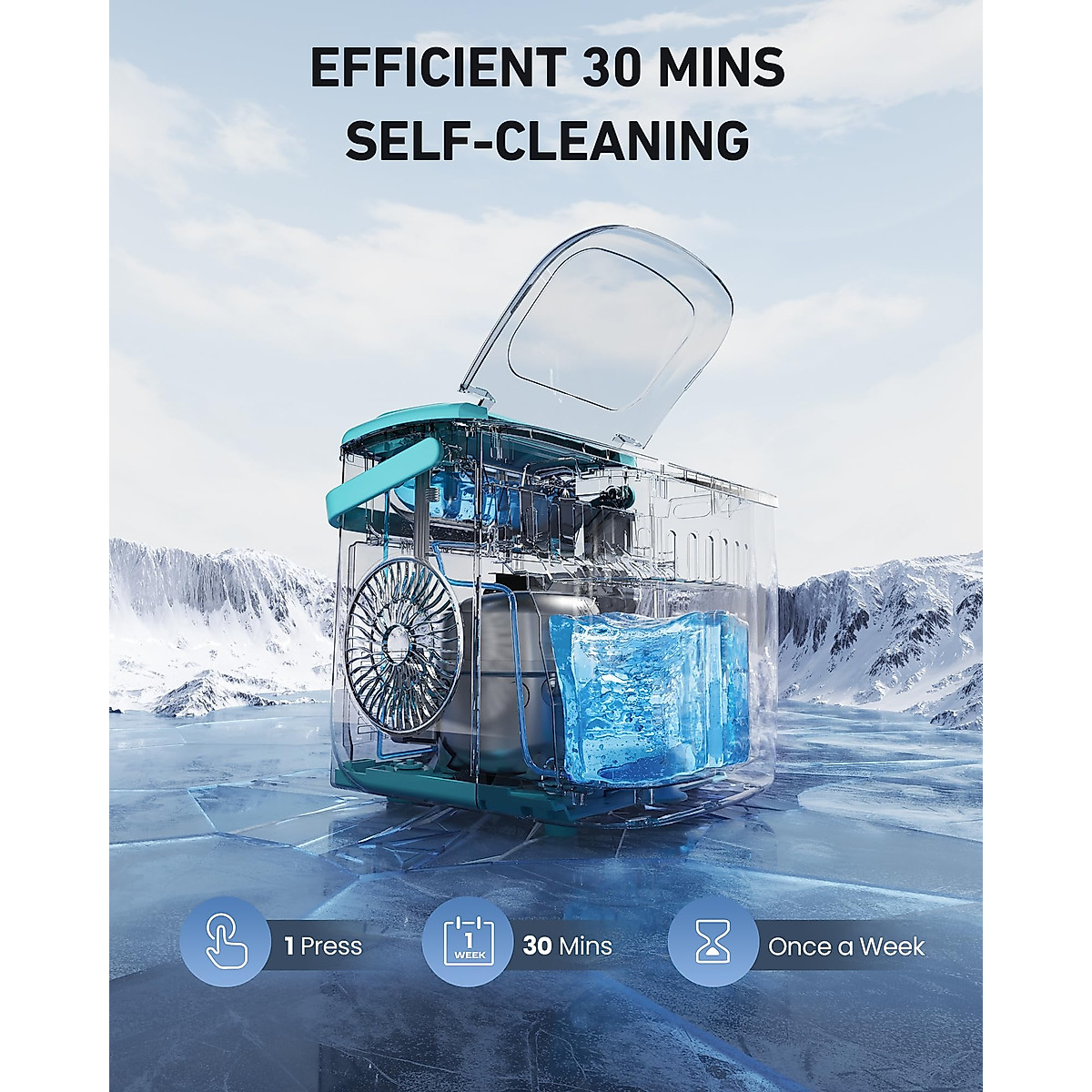 EASYERA Ice Maker Countertop, Portable Ice Machine 9 Cubes in 6 Mins, 26lbs in 24Hrs, 2 Sizes of Bullet Ice Self-Cleaning with Ice Scoop, Bag, and Basket, for Kitchen, Party, RV, Bar-Green