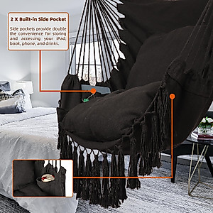 Ciouper Hammock Chair Hanging Rope Swing with Stylish Tassels - Max 500 Lbs - 2 Cushions Included - Heavy-Duty Steel Spreader Bar with Anti-Slip Rings - for Any Indoor or Outdoor Spaces (Grey)