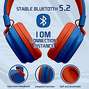 MIDOLA Headphones Kids Bluetooth Wireless Volume Limited 85/110dB Over On Ear Foldable Noise Protection Headset/Wired Inline Cable AUX 3.5mm Mic for Child Boy Girl Travel School Pad Tablet Blue