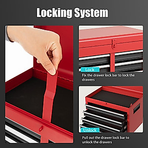 Goplus Tool Chest, 5-Drawer Rolling Tool Storage Cabinet with Detachable Top Tool Box, Liner, Universal Lockable Wheels, Adjustable Shelf, Locking Mechanism, Metal Tool Cart for Garage Workshop