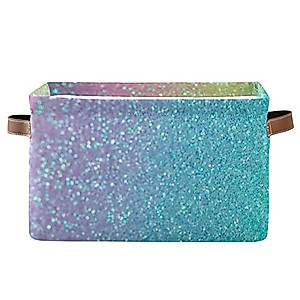 Iridescent Rainbow Glitter Storage Baskets Large Foldable Storage Bin Canvas Toys Box Fabric Decorative Collapsible Organizer Bag with Handles 2 Pcs