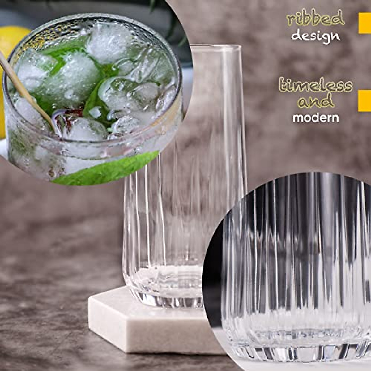 Ribbed Glassware Set of 6, Ribbed Glass Cups 12 oz, Ribbed Glasses, Fluted Glassware, Ribbed Drinking Glasses, Ribbed Glassware for Whiskey, Cocktail, Beer, Iced Coffee Tea Smoothie (12oz/360cc)