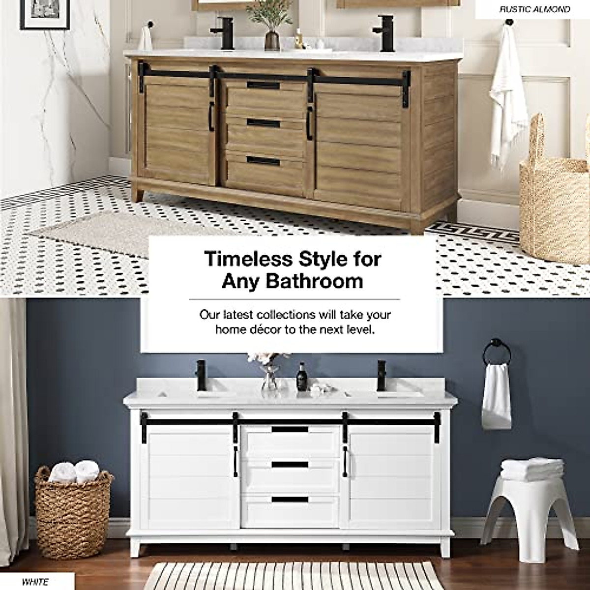 OVE Decors Edenderry 72" Double Undermount Sink Bathroom Vanity with Cultured Marble Countertop and Barn Doors, Pre-Assembled | Backsplash Included | 03 Drawers and Power Bar, 72 inches, Rustic Almond