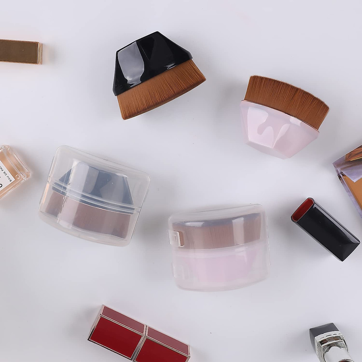 ENERGY Foundation Brush for Liquid Makeup Flat Top Kabuki Brush for Face Full Coverage Liquid Cream Foundation Contour Bronzer Setting Powder Blending Buffing with Brush Travel Case Pink