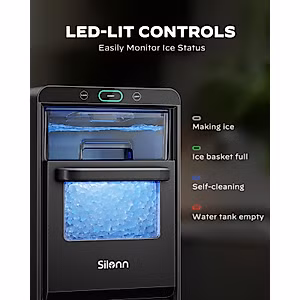Silonn Nugget Ice Maker Countertop, Pebble Ice Maker Nugget, 44lbs Crushed Ice in 24h, Pull-Out Water Tank and Removable Ice Basket for Home, Kitchen, Stainless Steel