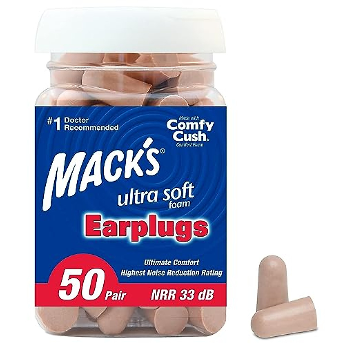 Mack's Ultra Soft Foam Earplugs, 50 Pair - 33dB Highest NRR, Comfortable Ear Plugs for Sleeping, Snoring, Travel, Concerts, Studying, Loud Noise, Work | Made in USA