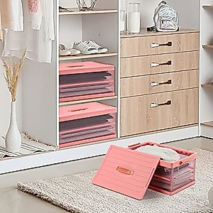 Transparent Storage Container Collapsible Storage Box with Lid Plastic Storage Bin Toy Organizer Stackable Book Box Clear Folding Utility Crate Tote Closet Shelf Basket - Pink