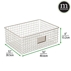 mDesign Wide Steel Wired Storage Organizer Bin Baskets with Label Slot for Kitchen Pantry, Cabinet, Organizing Holder for Food, Drinks, Snacks, Produce, Omaha Collection, 2 Pack, Satin