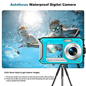 Waterproof Digital Camera 4K 48MP 11FT Autofocus 16X Digital Zoom Waterproof Camera with 32G Card Selfie Dual Screens Underwater Camera