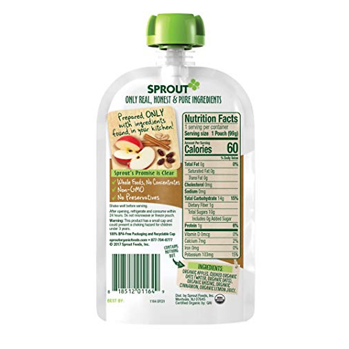 Sprout Organic Stage 2 Baby Food Pouches, Apple Oatmeal Raisin with Cinnamon, 3.5 Ounce (Pack of 6)