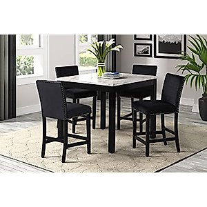 ERDAYE 5 Pcs 5-Piece Counter Height Set with One Faux Marble Table and Four Velvet Upholstered-Seat Chairs for Home Kitchen Dining Room Furniture Breakfast, Lunch and Dinner, Black