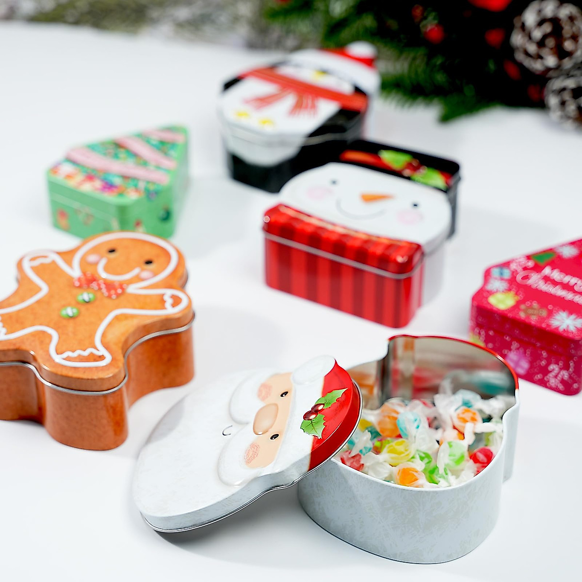 6 Pcs Christmas Cookie Tin Box Set Xmas Metal Candy Tins with Lids Food Storage Containers Cookie Jar Christmas Gift Packing Solution for Storing Candy Chocolate Biscuits Christmas Party Favor