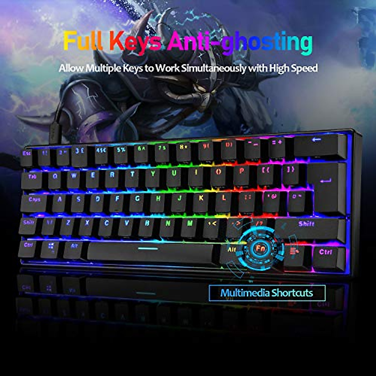 ZIYOU LANG MK21 Portable 60% Mechanical Gaming Keyboard Untra-Compact Type-c Wired with Light Up Chroma LED Backlit Non-Conflict 61 Key TKL Ergonomic for PS4 PS5 PC Mac Windows(Black/Blue Switch)