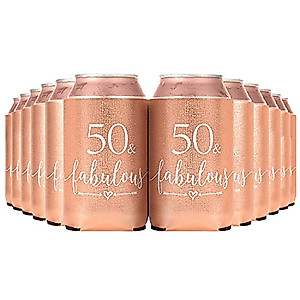 Crisky 50th Birthday Can Cooler for Women 50th Birthday Decorations Rose Gold Can Berverage Beer Sleeve Party Favor, Insulated Can Coolies 50th Birthday Gift Idea for Her 12 Pack