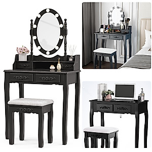 Alohappy Vanity Desk Set with Lighted Mirror, Black Makeup Dressing Table Desk with Mirror & Lights, Padded Stool, 4 Drawers Storage & Easy Assembly for Bedroom, Bathroom