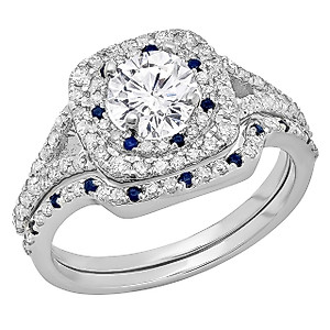 Dazzlingrock Collection 6.5 mm Center Round Moissanite, Blue Sapphire & White Diamond Bridal Split Shank Engagement Ring Set, 14K White Gold, Size 8