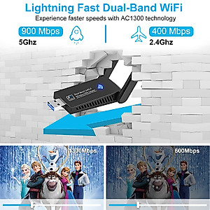 USB WiFi Adapter, Aigital 1300Mbps Dual Band Wi-Fi Dongle, USB 3.0 MU-MIMO Wireless Network Adapter with Antennas for Desktop PC Laptop, Compatible with Windows 11/10/8/7/Vista/XP & Mac OS X 10~11