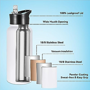 VEGOND 32 oz Insulated Water Bottle Stainless Steel Metal Water Bottles with Leak Proof Straw Lid & Spout Lid, Wide Mouth Double Walled Vacuum Travel Sports Bottle, White