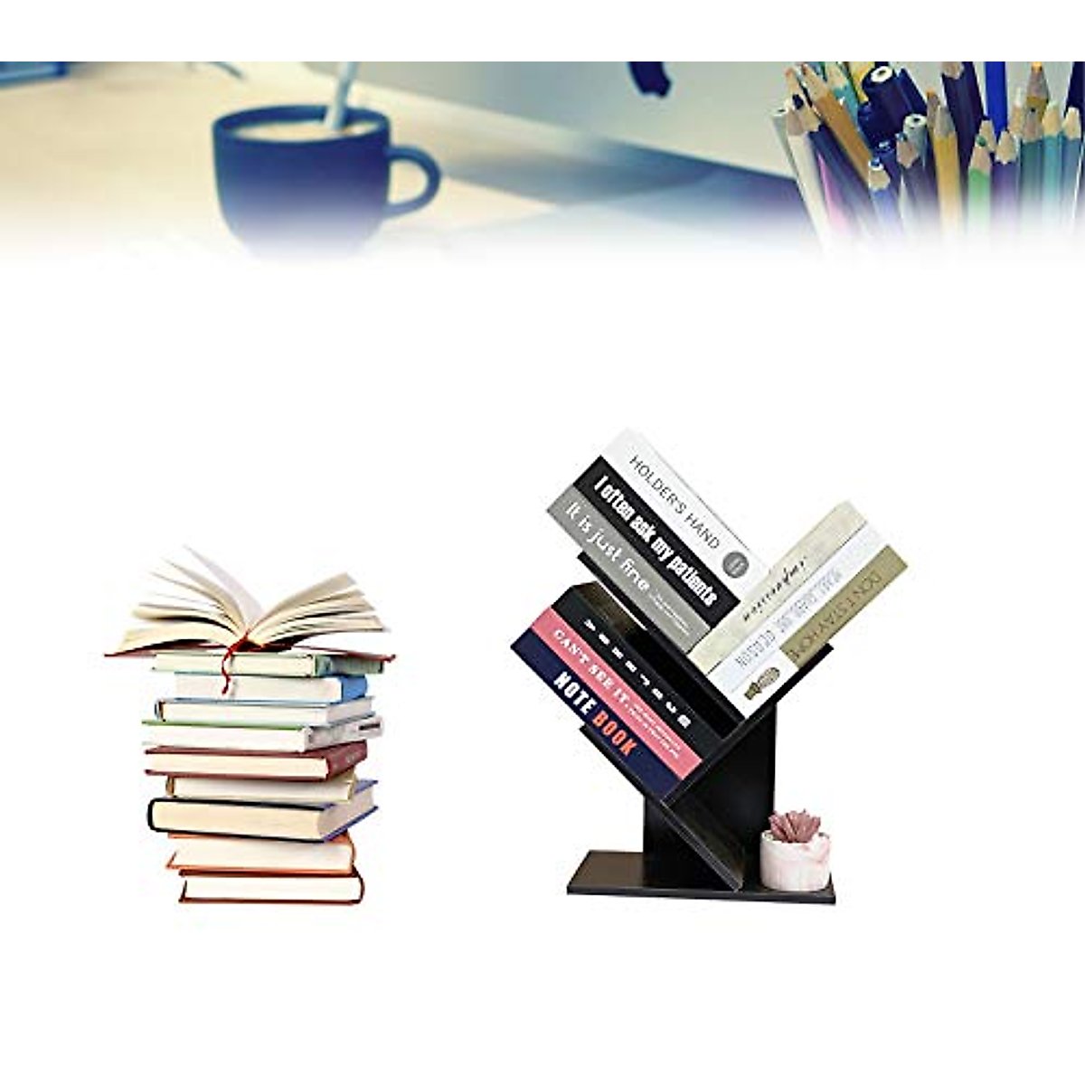 Lydia88 Tree Bookshelf，2-Layer Floor Standing Bookshelf，The Desktop Bookshelf Can Hold Books，Magazines, CDs and Photo Albums，Desktop Organizer，Office Storage Rack Real Wooden Bookshelf，Black