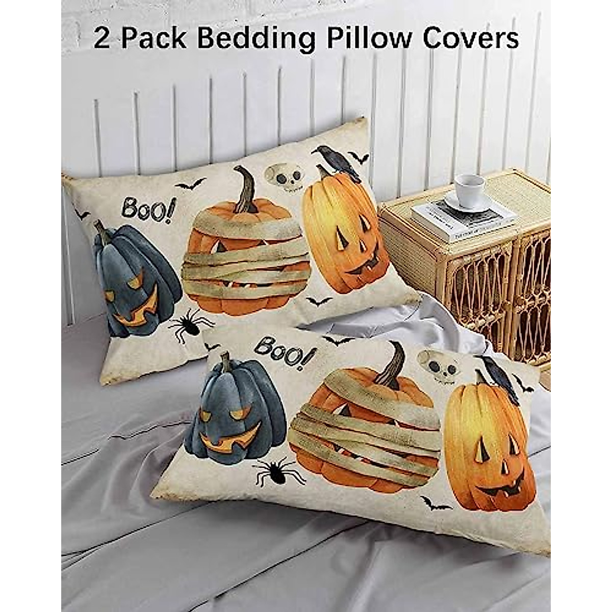 Edwiinsa Halloween Pillow Covers Standard Size Set of 2 Bed Pillow, Horror Orange Grey Pumpkin Bat Farmhouse Plush Soft Comfort for Hair/Skin Cooling Pillowcases with Envelop Closure 20''x26''