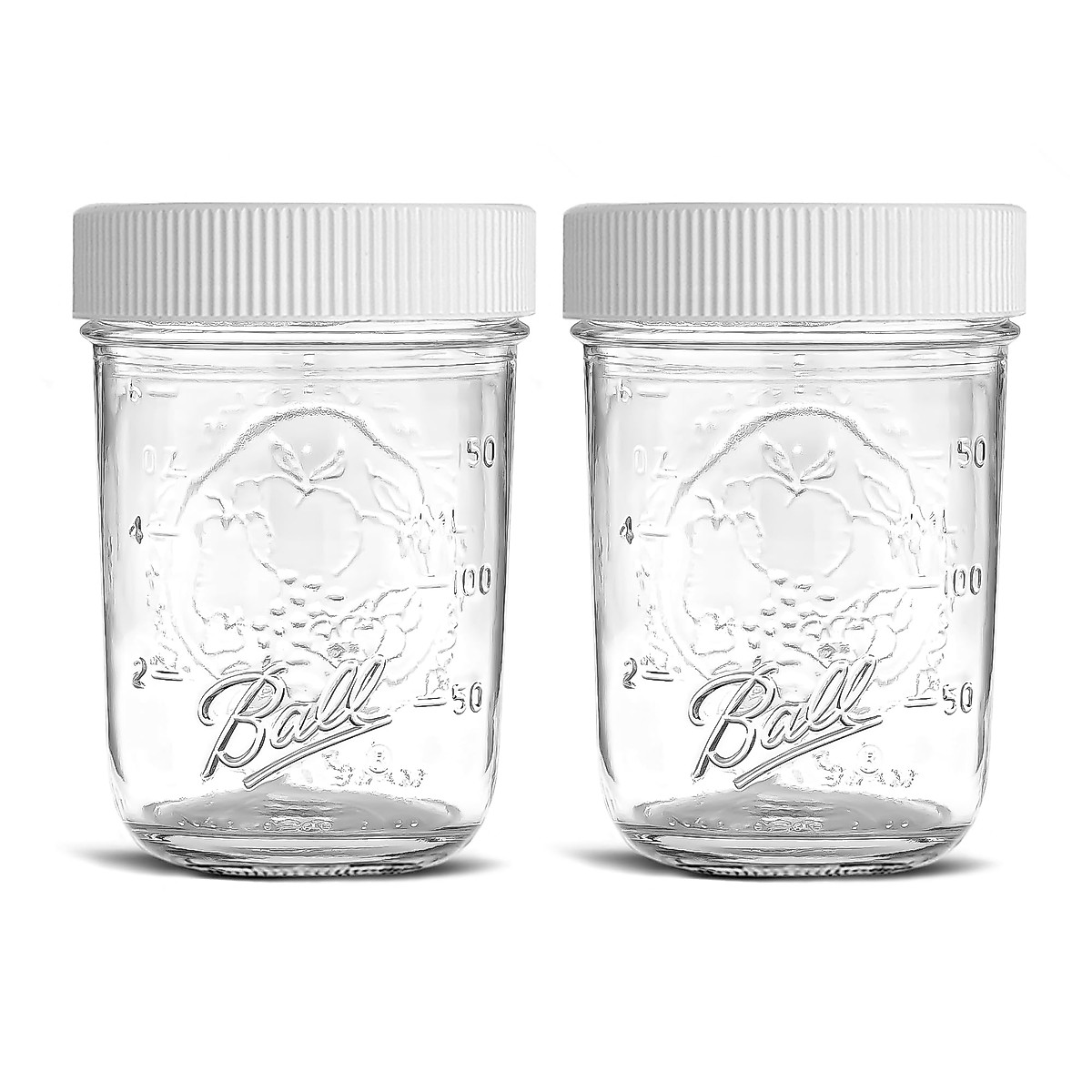 Regular Mouth Mason Jars 8 oz - (2 Pack) - Ball Regular Mouth Half Pint 8-Ounces Mason Jars with White M.E.M Food Storage Plastic Lids - For Storage, Freezing - Leak Proof, Microwave & Diswasher Safe