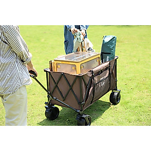 Whitsunday Heavy Duty Collapsible Wagon Cart, 380lb Load-Bearing Utility Wagon Cart with Big All Terrain Wheels, Folding Outdoor Wagon with Side Pocket for Beach, Camping, Outdoor Brown