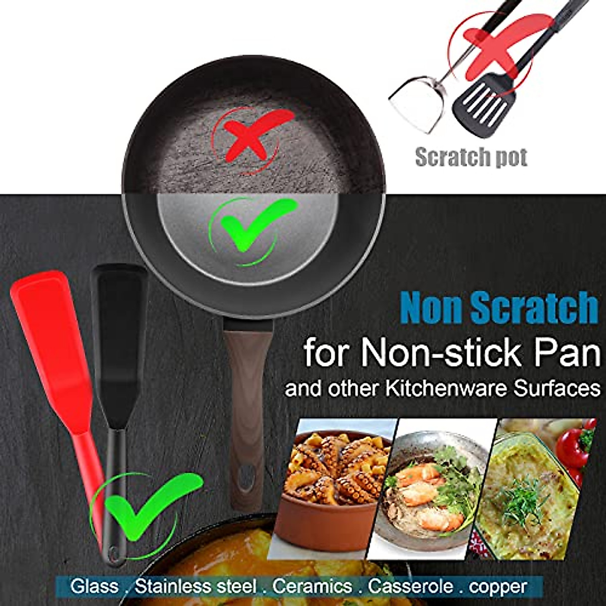 Silicone Thin Spatula Omelet Spatula Turner Long Crepe Spatula Heat Resistant Cooking Spatula Non Stick Pancake Spatula for Cooking Egg Burgers Pizza Pancake Steak Omelet Crepes (2, Red, Black)