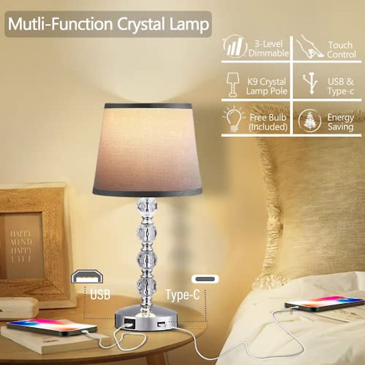 Unfusne Set of 3 Crystal Lamp with USB Port - Touch Control Table Lamp for Bedroom 3 Way Dimmable Nightstand Bedside Lamp with Gray Fabric Shade, Small Lamps for Living Room, Dorm, Home,Office