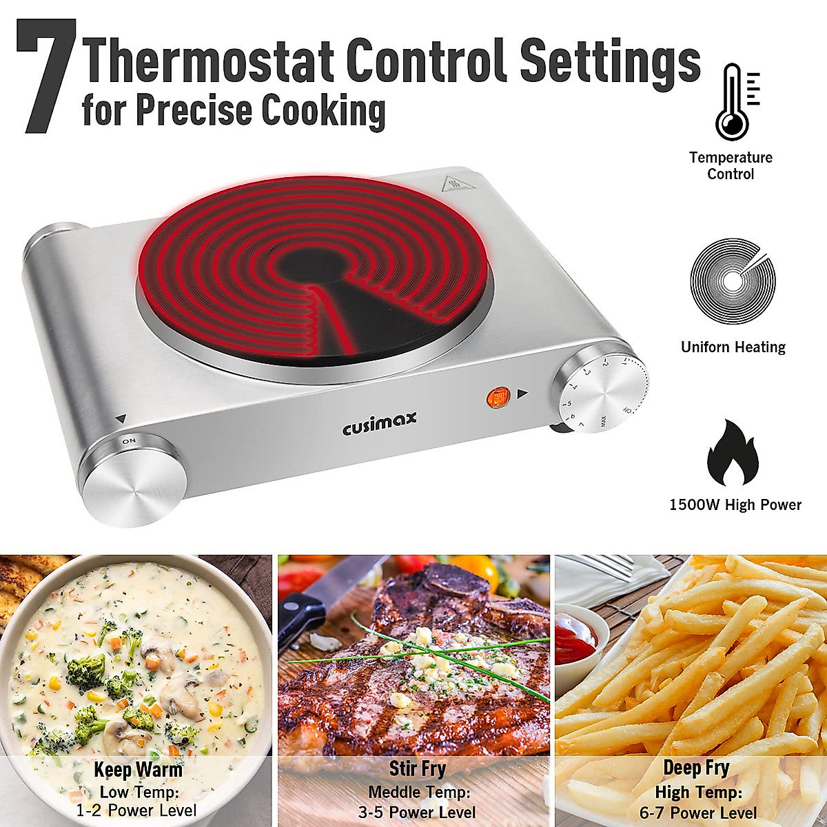 Cusimax Hot Plate Electric Burner Single Burner Cast Iron hot plates for cooking Portable Burner 1500W with Adjustable Temperature Control Stainless Steel Non-Slip Rubber Feet, Upgraded Version
