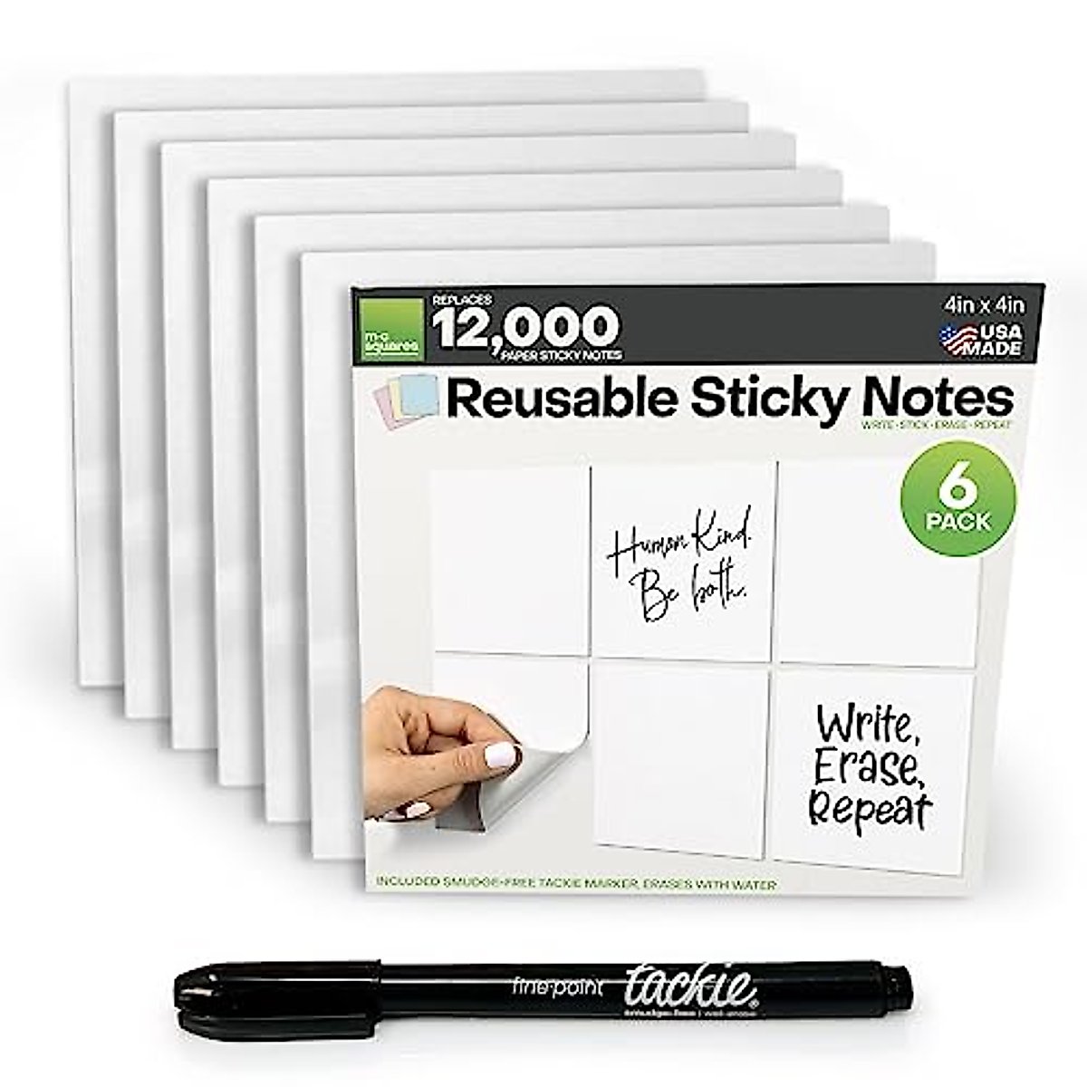 M.C. Squares Dry Erase Reusable Sticky Notes | 4x4 Stickies 6-Pack | 2-Year Re-Stickable & Erasable Post Notes | Smudge-Free Tackie Marker | USA Made