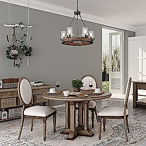 LNC Farmhouse Chandelier, Wood Round Wagon Wheel 6-Light Fixture with Seeded Glass Shades for Dining & Living Room, Bedroom, Kitchen and Foyer