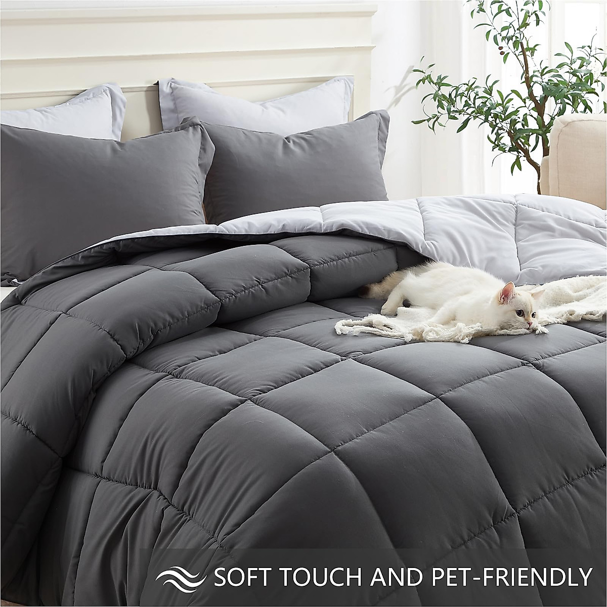 Homelike Moment Queen Comforter Set Grey, Comforters Queen Size Set, Soft Lightweight Down Alternative Bed Comforter Full Size Reversible All Season 3 Pieces Bedding Sets Grey/Light Gray