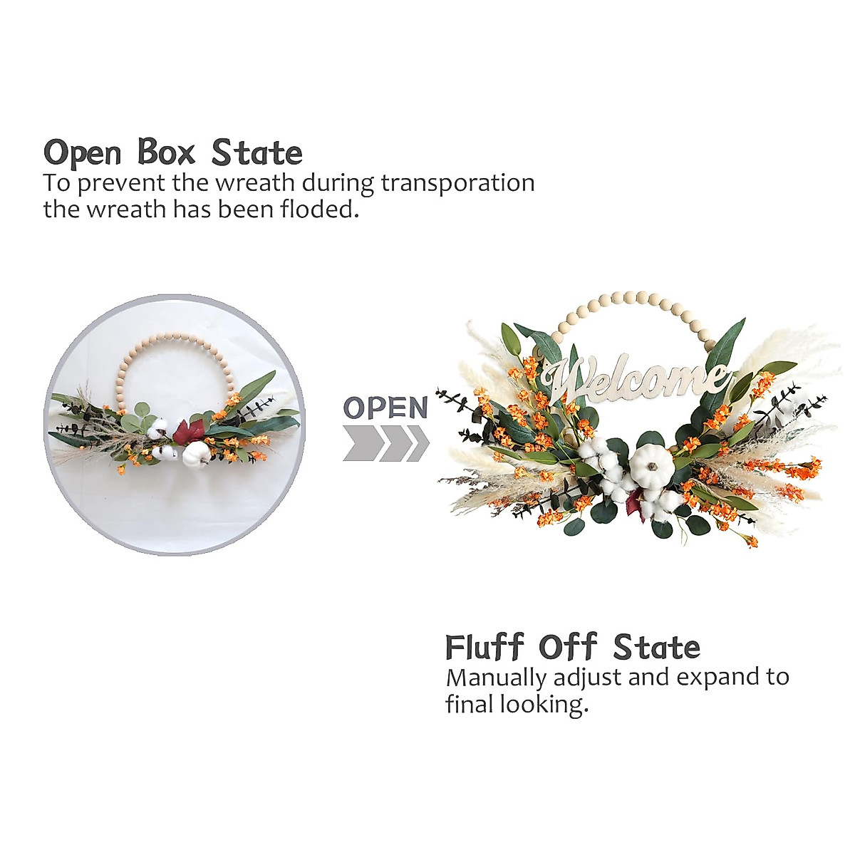 TEMPUS 16" Spring Wooden Bead Wreath Forsythia Pumpkin Wreath with Welcome Sign for Front Door Decorations Farmhouse Decorations