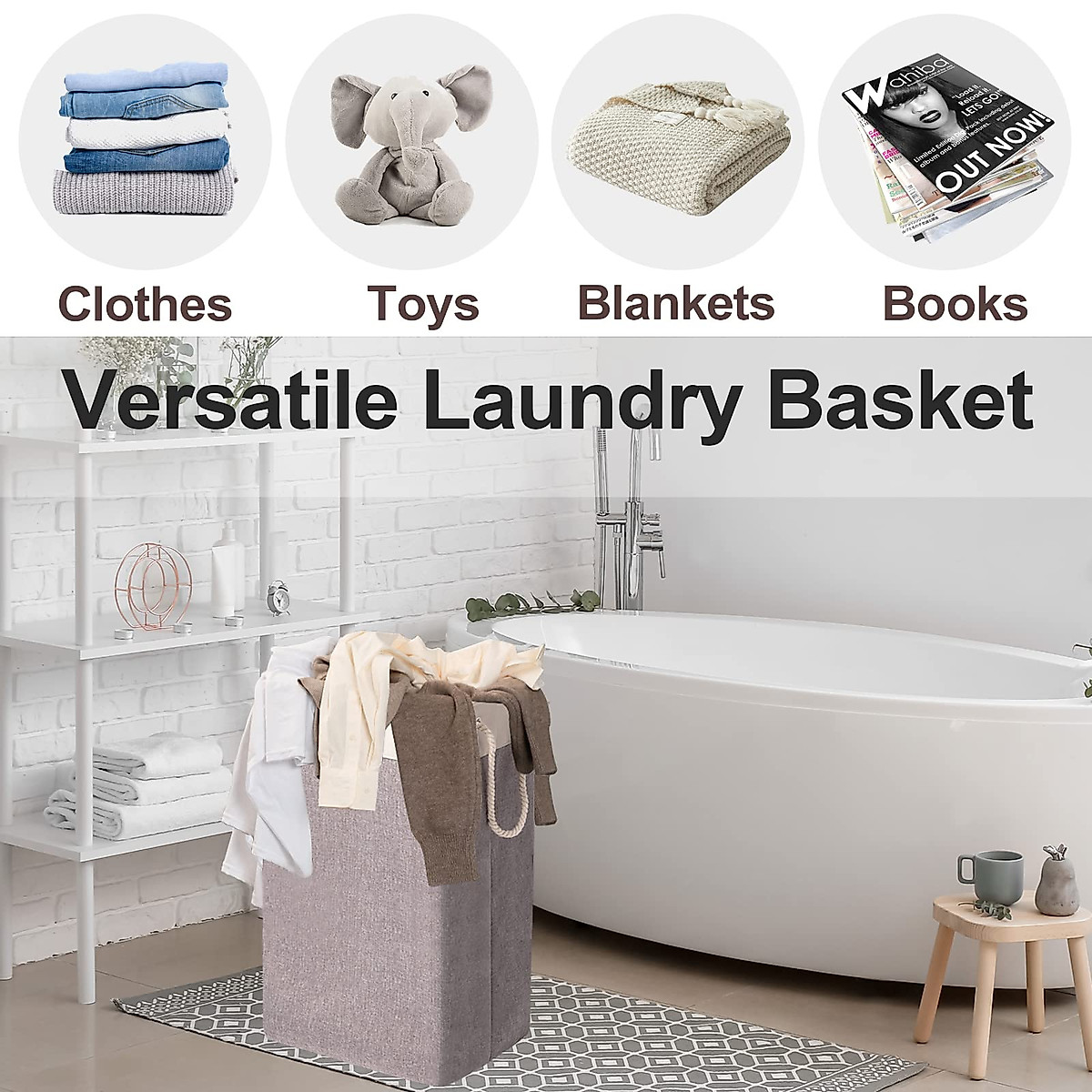 ELONG HOME Laundry Basket 2 Pack, 75L Laundry Hamper with Support Rods and Rope Handles, Freestanding Laundry Baskets, Linen Hampers for Laundry Room Bathroom Bedroom, Grey+Beige