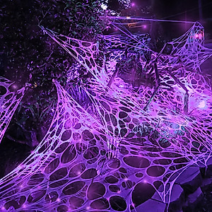 Beef Netting Spider Web for Halloween Outdoor Decoration White Stretchy Beef Netting Roll Spider Web with Purple LED String Lights for Light Up Scary Halloween Yard Garden Decorations