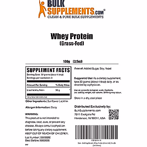 BULKSUPPLEMENTS.COM Grass Fed Whey Protein Powder - Unflavored Whey Protein Powder - Protein Supplement - Pure Protein Powder - Protein Powder Without Artificial Sweeteners (100 Grams - 3.5 oz)