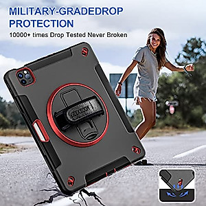 GEEKSDOM iPad Pro 12.9 Case 6th Generation 2022: Military Grade Heavy Duty Shockproof Cover for iPad Pro 12.9 Inch 2021 5th Gen-Pencil Holder-Rotating Stand-Hand/Shoulder Strap-Red