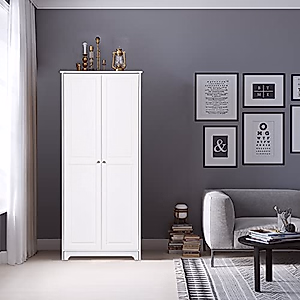 VINGLI White Pantry Cabinet, Tall Kitchen Pantry Storage Cabinet, Freestanding Pantry Cupboard, 2 Door Pantry for Laundry Room, Kitchen, Apartment