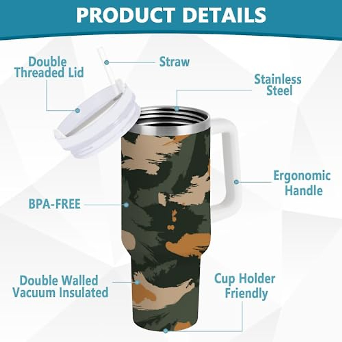 GKCLOCK 40 oz Tumbler with Handle and Straws, Insulated Reusable Stainless Steel Travel Coffee Mug Water Bottle for Office & Outdoor, Cupholder Friendly (Camouflage Style)