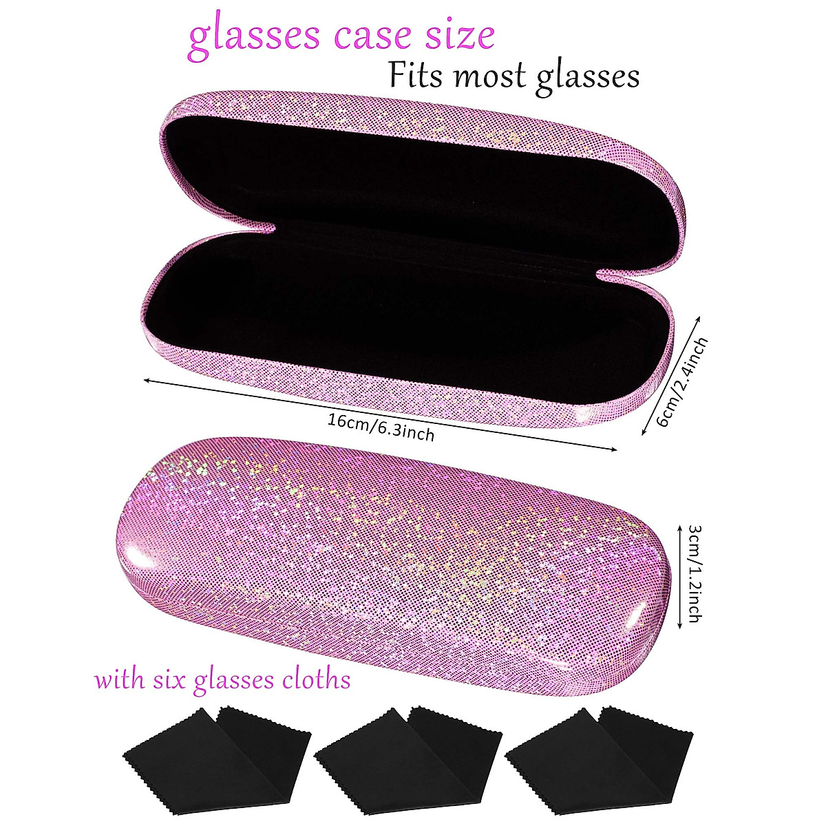 Weewooday 6 Pieces Hard Shell Eyeglasses Cases Glitter Glasses Case Unisex Glasses Case with Cleaning Cloth Sunglasses Case for Women Men